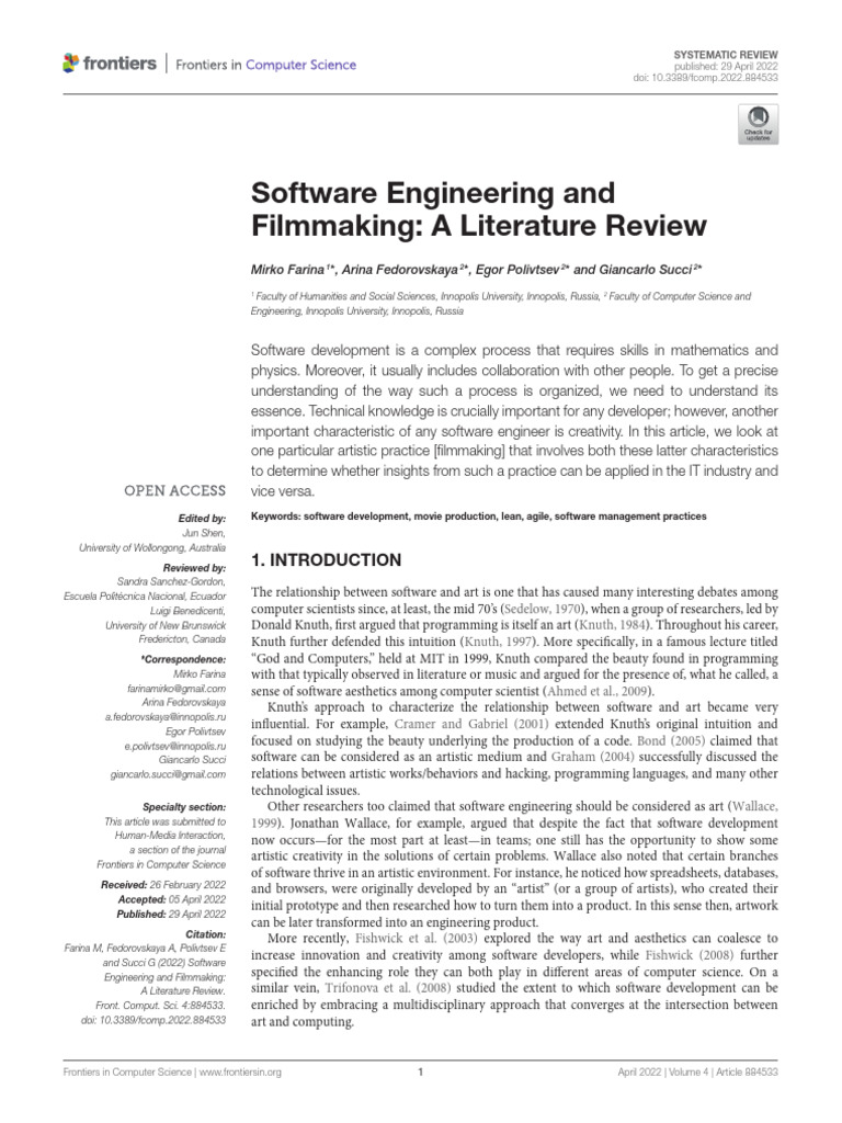 Software Engineering and Filmmaking A Literature Review | PDF