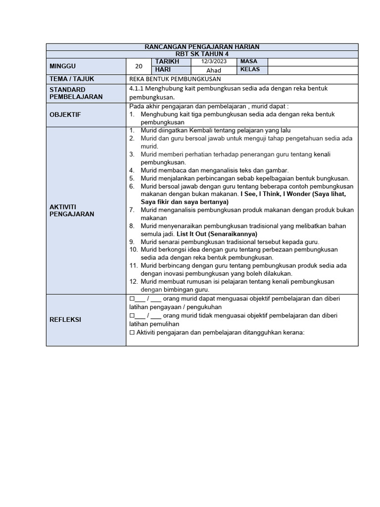 RPH Ringkas Minggu 20 RBT THN 4 2023 by Cikgu Gorgeous | PDF