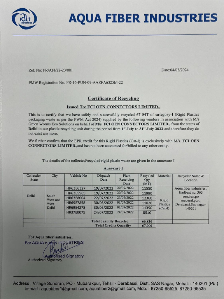 Certificate of Recycling 67 MT (2) | PDF