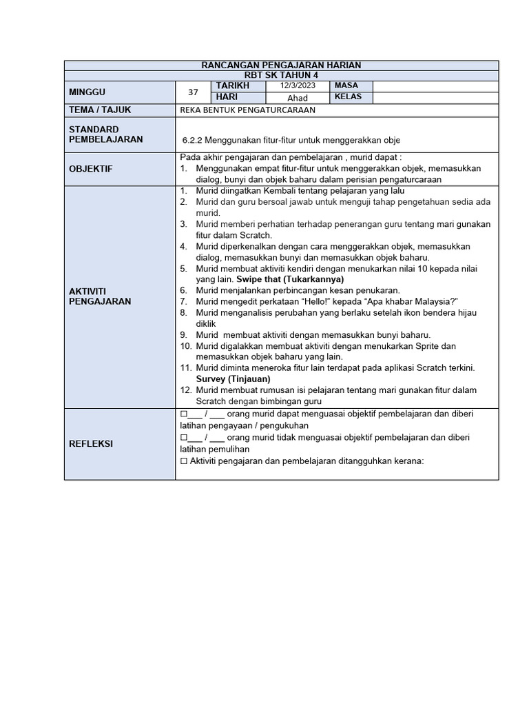 RPH RINGKAS MINGGU 37 RBT THN 4 2023 BY CIKGU GORGEOUS | PDF
