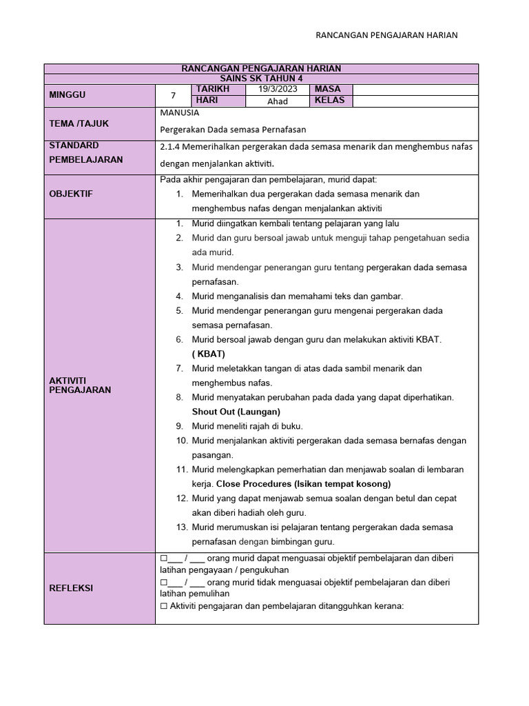 Rancangan Pengajaran Sains Tahun 4 | PDF | Karier & Perkembangan