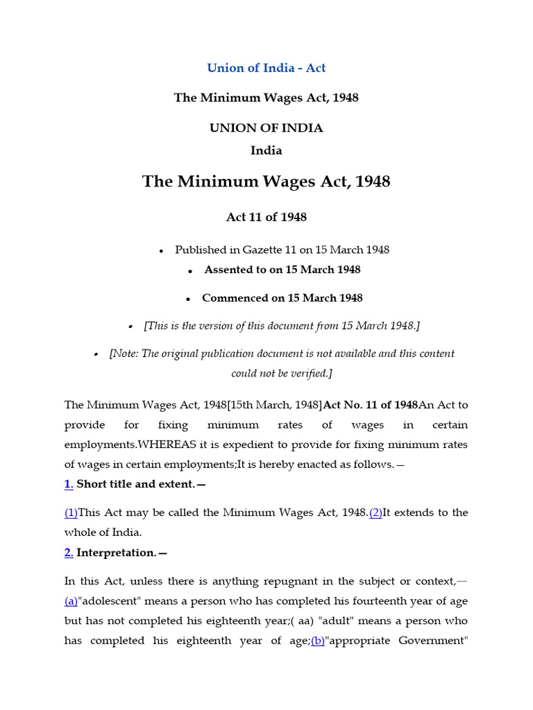 Minimum Wages Act Pdf Cost Of Living Employment