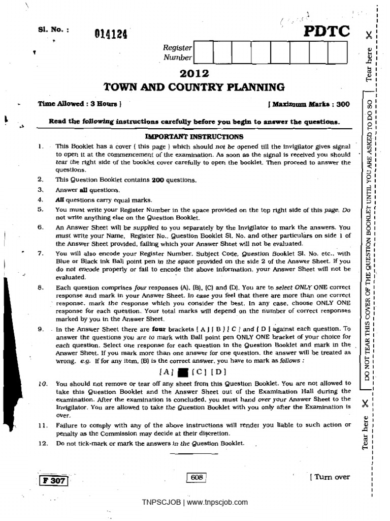 Town Planning Engineering Question Paper 2012 - Degree Standard | PDF