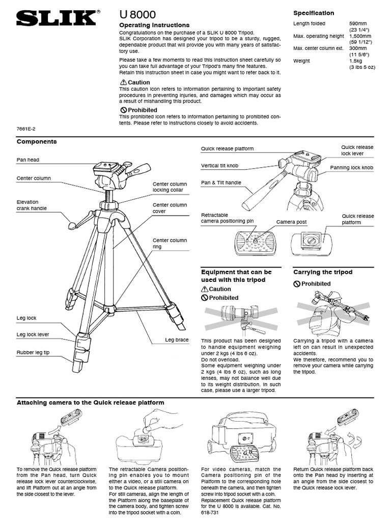 617 800 Slik U8000 Tripod Instruction Manual | PDF | Tripod ...