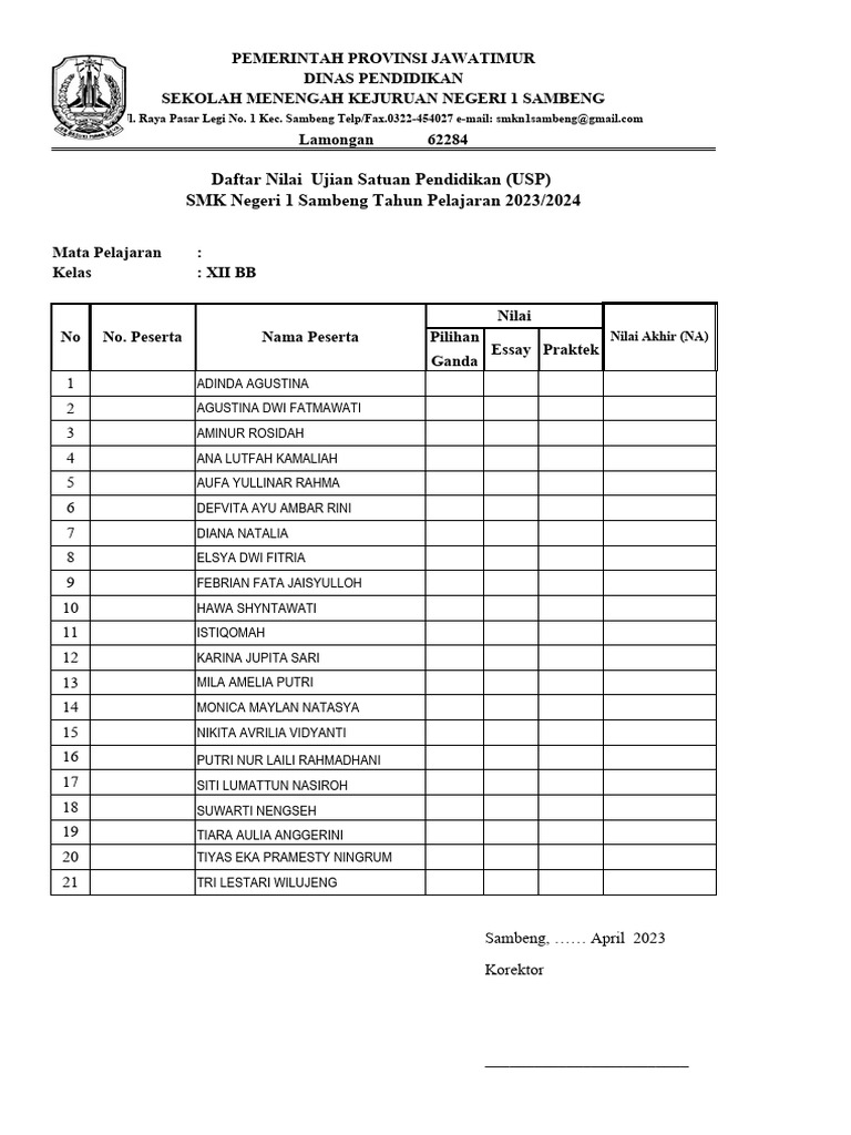 Daftar Nilai Usp 2023.2024 | PDF