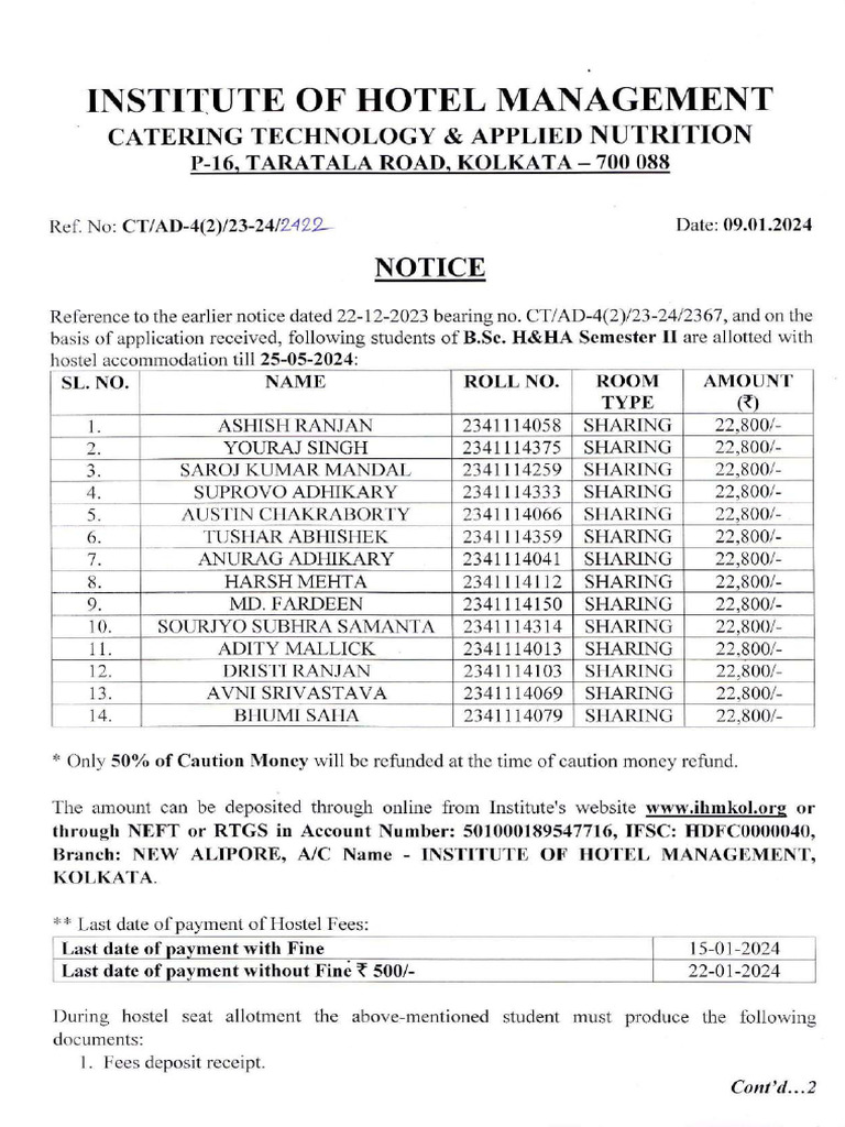 Notice Hostel Allotment B.SC - Semester II | PDF | Services (Economics) | Money