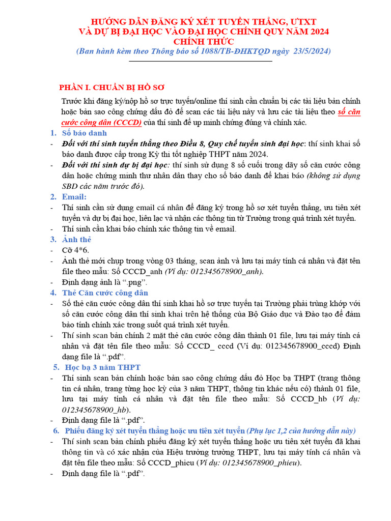 2.Hướng Dẫn Hs Xtt - utxt - dbđh 2024 - 23.5.2024 | PDF