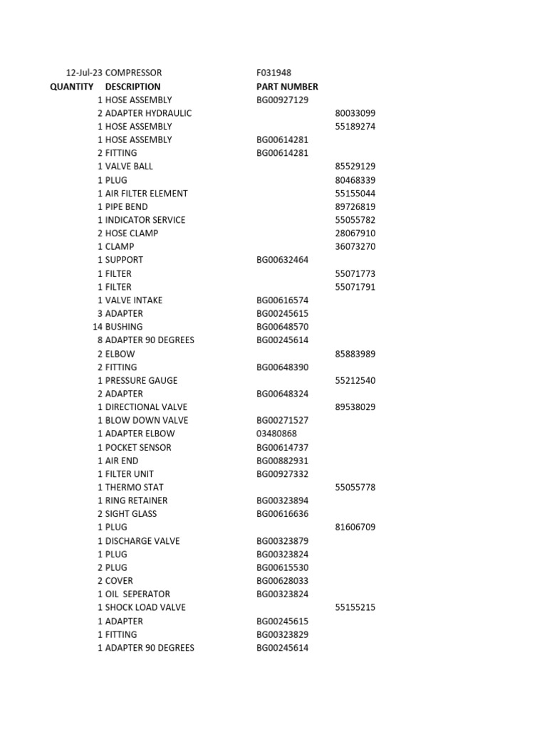 Compressor F031948 Quotation | PDF | Pipe (Fluid Conveyance) | Valve