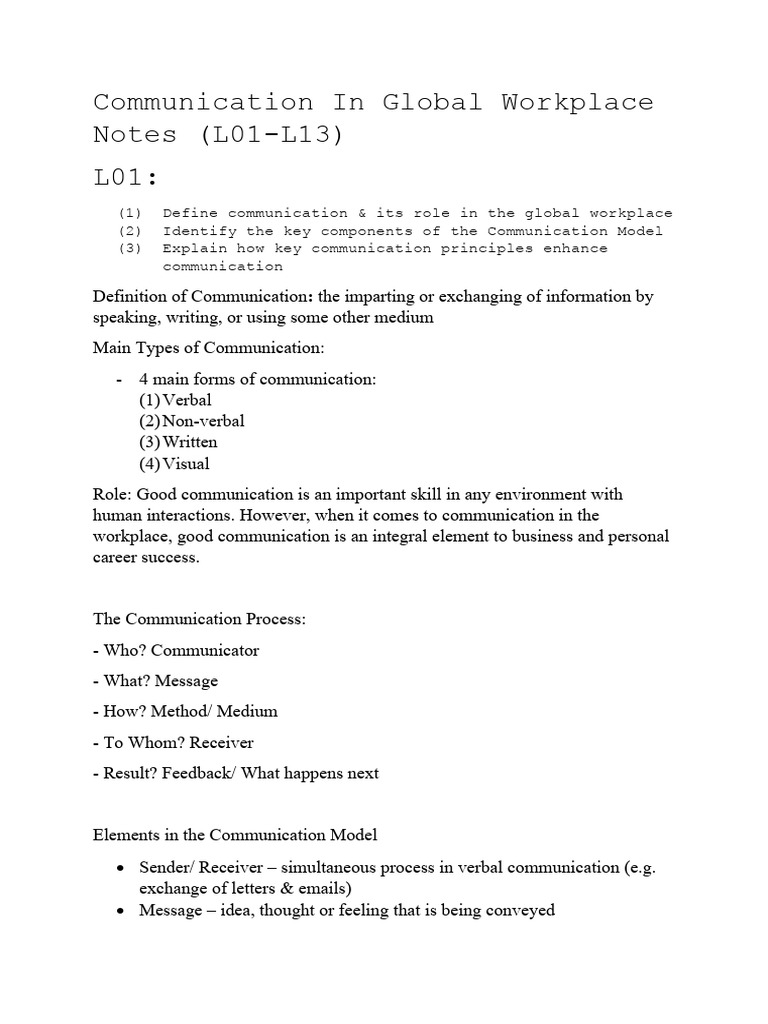 Communication in Global Workplace Notes L01-L13 | PDF | Communication ...