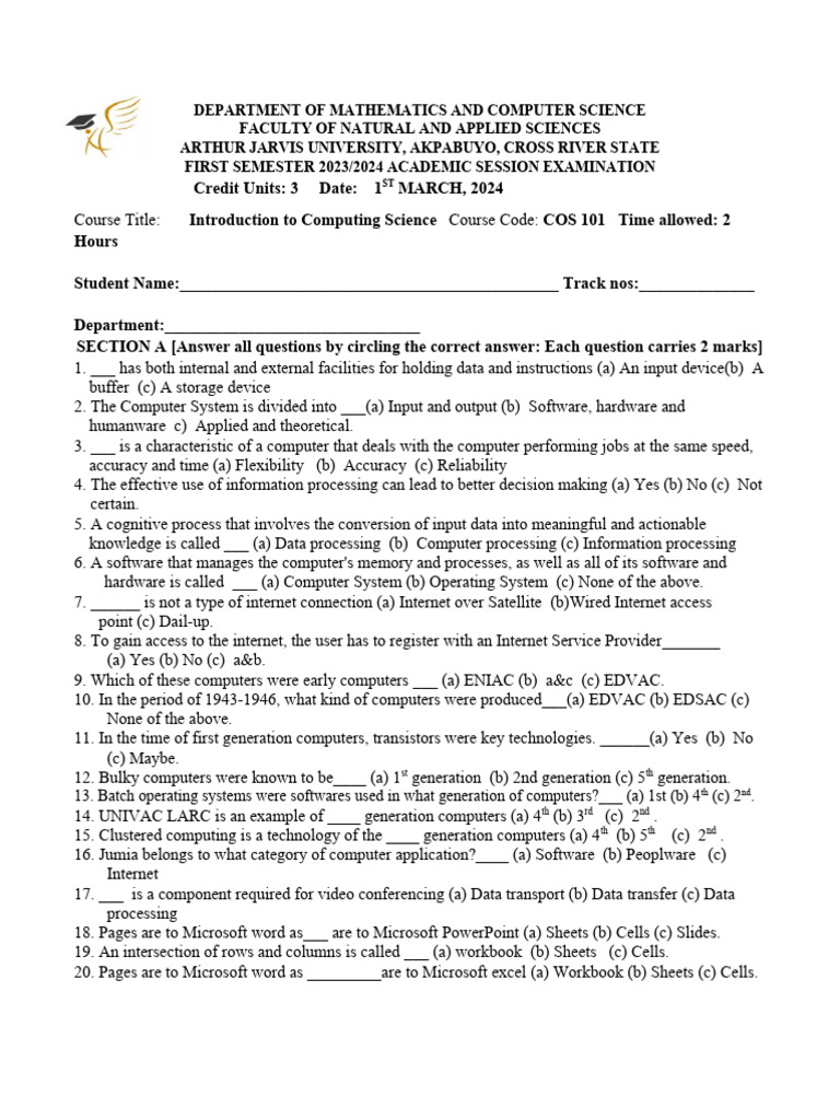 CSC 101 Exam | PDF | Internet | Input/Output CSC 101 Exam | PDF | Internet | Input/Output