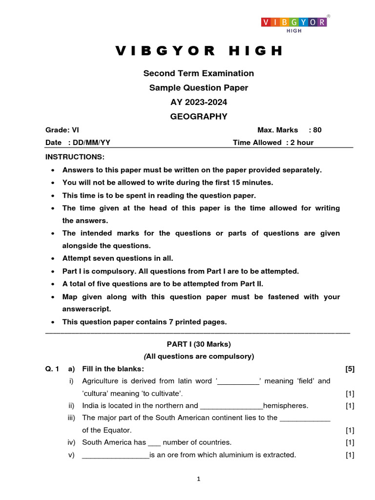 Annexure 1. A. 26. VH gr6 - t2 - Geo - SQP - Ay 2023 2024 | PDF | Africa | River