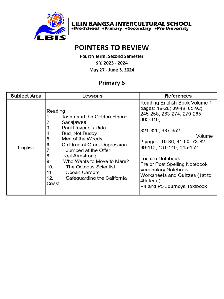 Lbis Review Pointers Ay 23 24 Term 4 P6 Pdf Verb English Language 