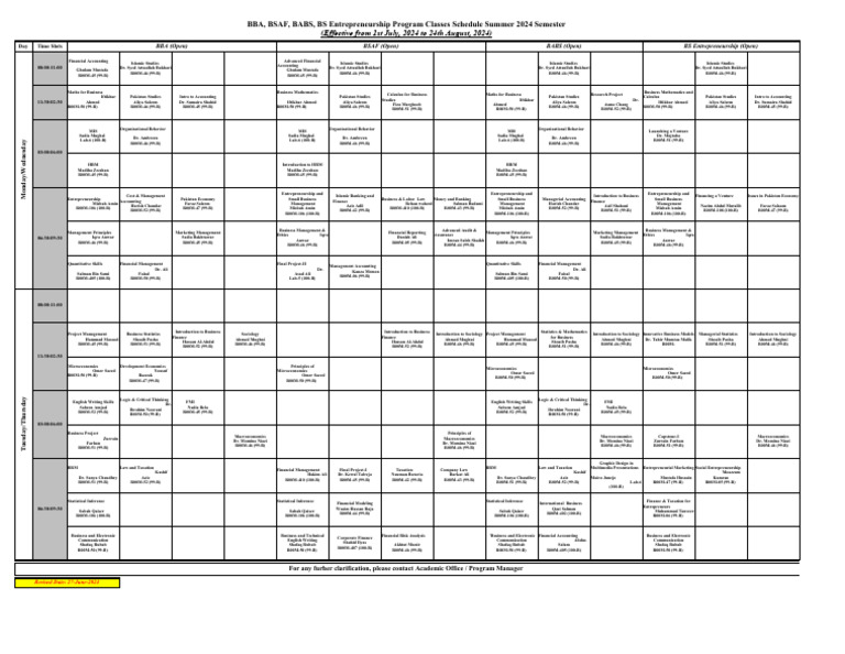 BBA, BSAF, BABS, BSE Program Classes Schedule For Summer 2024 | PDF | Business | Economies