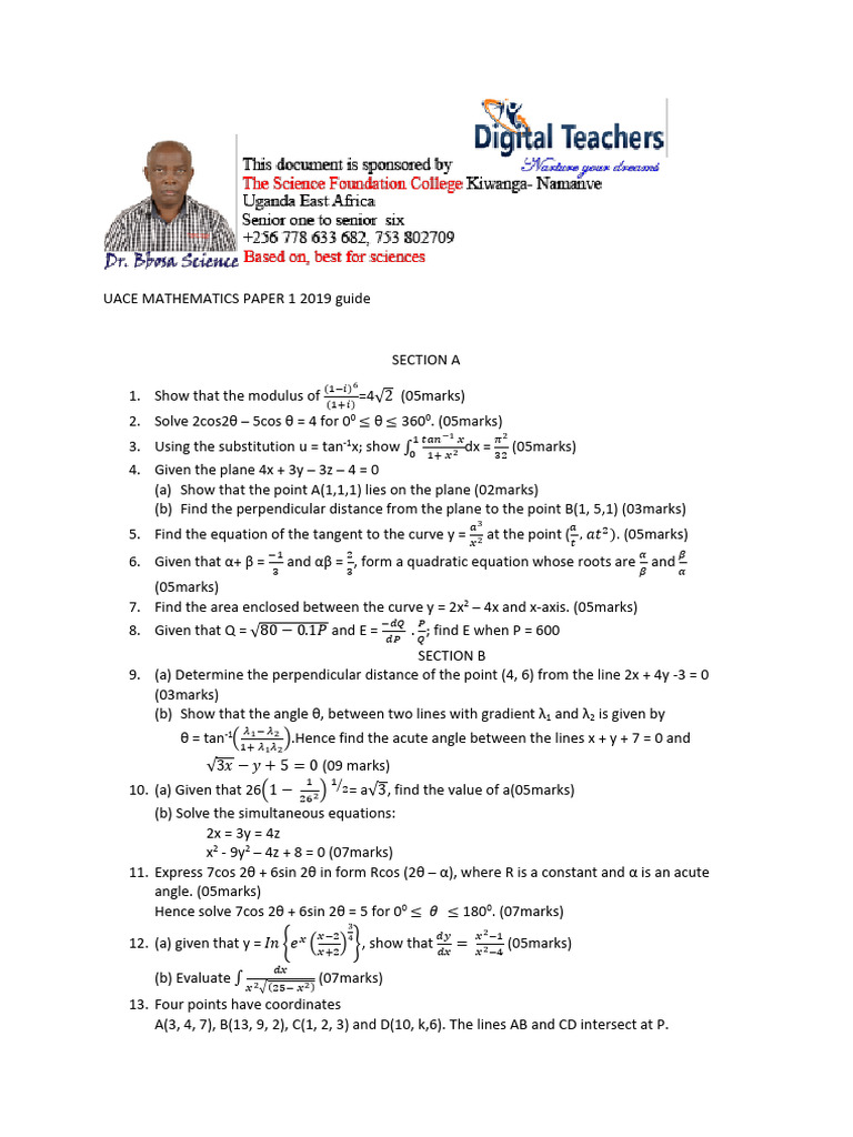 UACE Mathematics Paper 1 2019 Guide | PDF | Equations | Angle