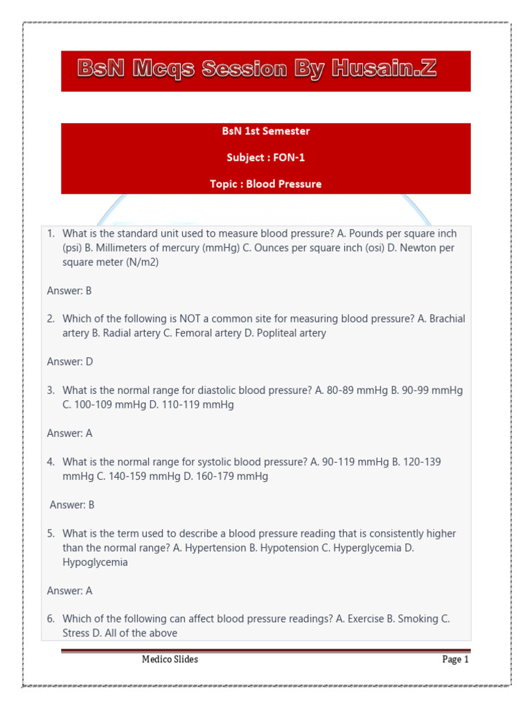Blood Pressure Mcqs by Medico Slides | PDF | Blood Pressure | Hypertension