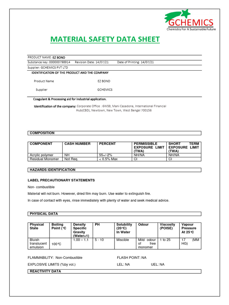 EZ BOND MSDS | Download Free PDF | Materials | Polymer Chemistry