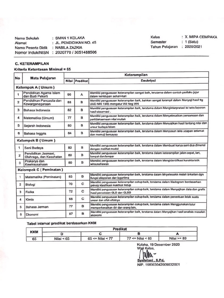 Nilai Rapot Nabila | PDF