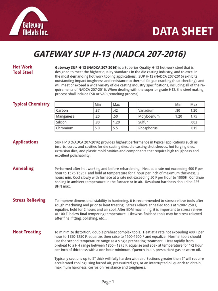Gateway SUP H 13 NADCA 207 2016 Data Sheet | PDF | Heat Treating | Steel