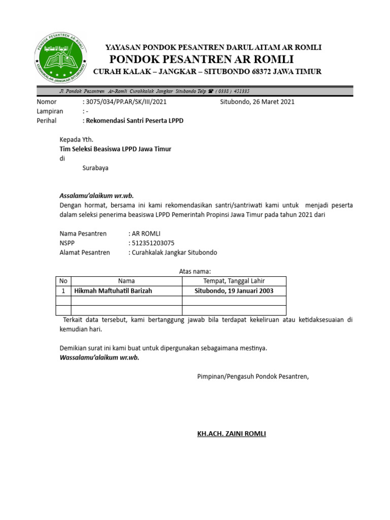 Contoh Surat Rekomendasi Pesantren Untuk LPPD | PDF