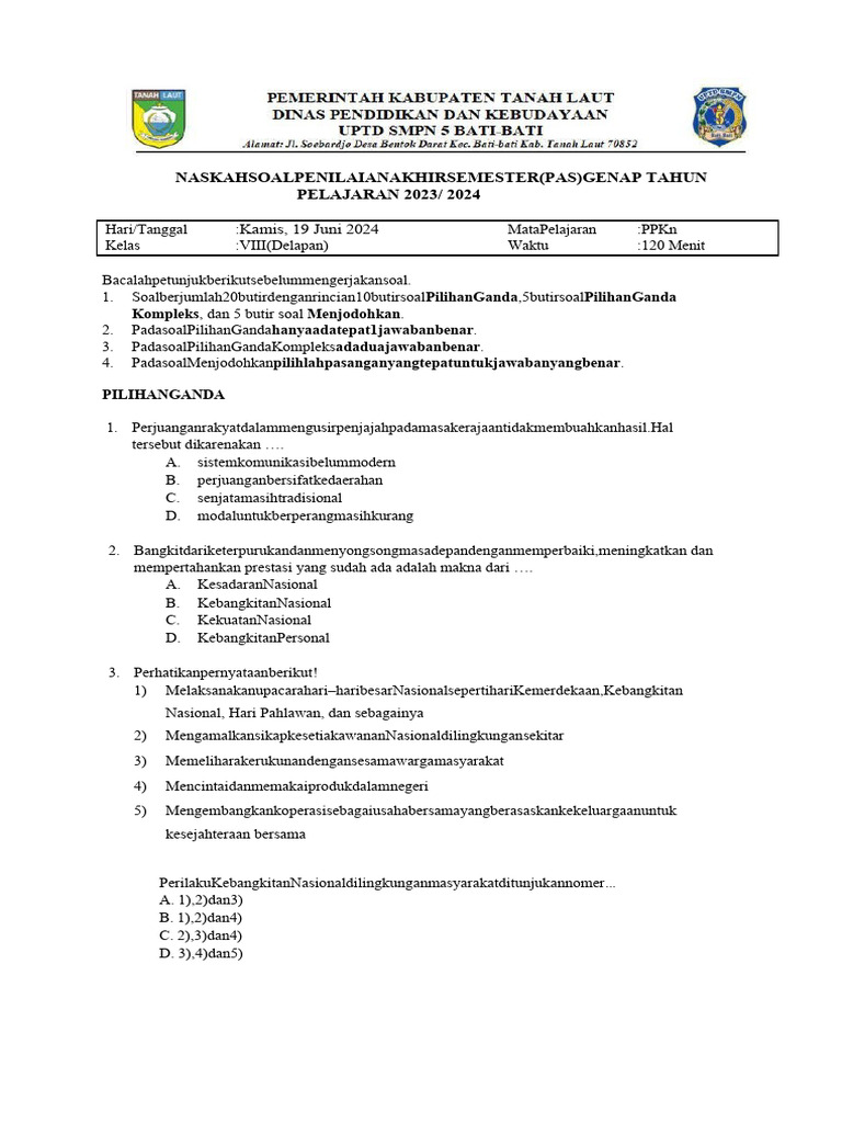 Soal Pas PPKN Kelas 8 Genap 2023-2024 | PDF | Politik | Perjalanan