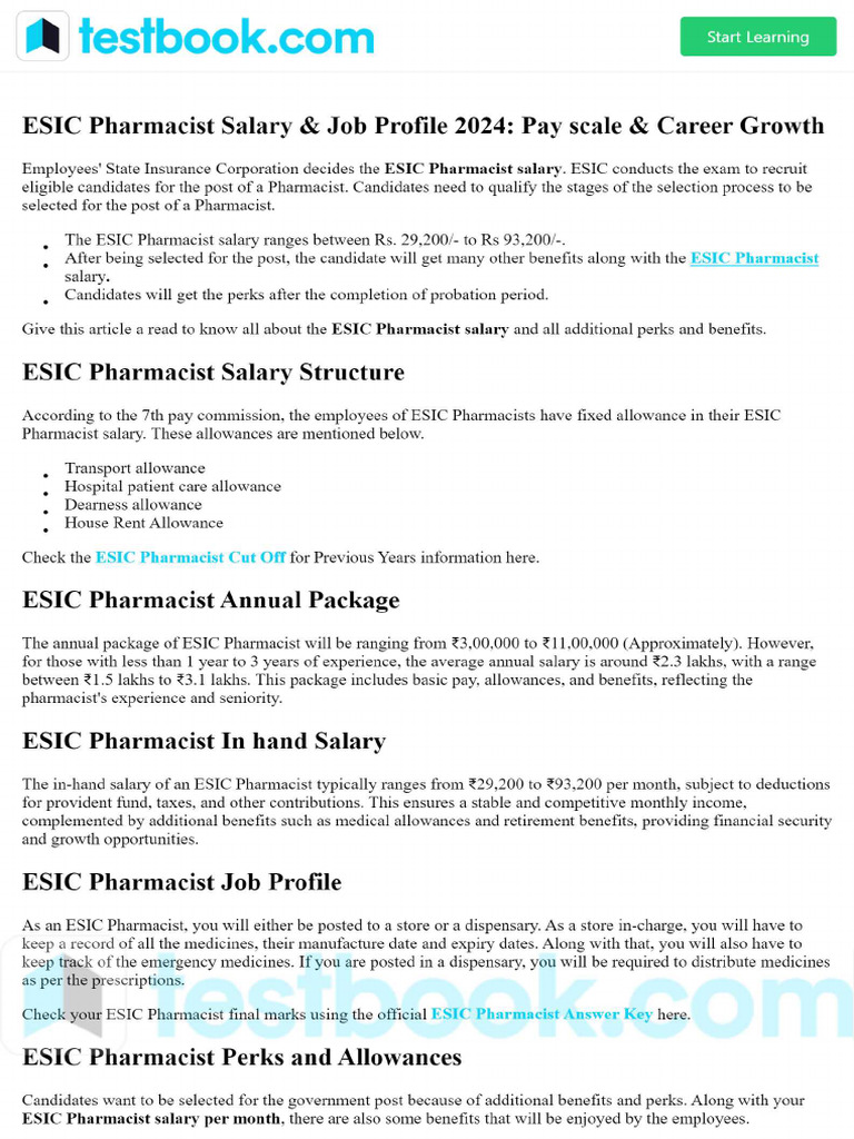 ESIC Pharmacist Salary & Job Profile 2024 - Pay Scale & Career Growth | PDF