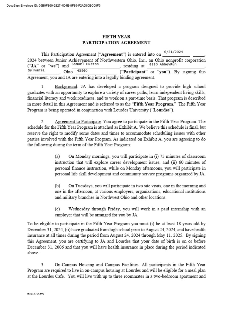 Fifth Year Program Agreement | PDF | Employment | Dormitory