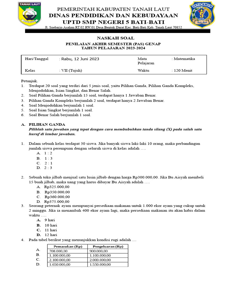 Soal Pas MTK Kelas 7 Tahun 2024 | PDF