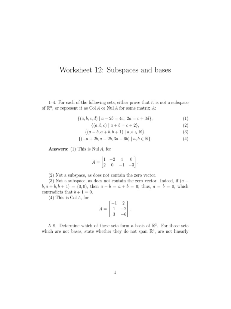 ws12 Subspaces and Bases | PDF | Basis (Linear Algebra) | Linear Subspace
