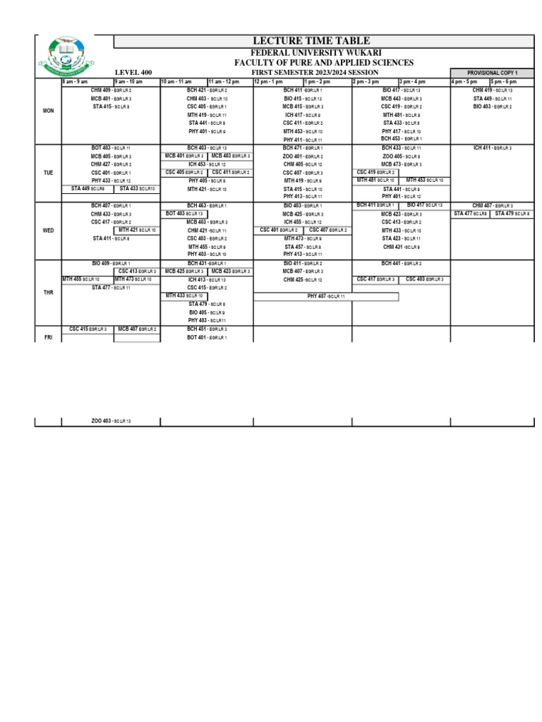 Lecture Time Table FST Sem 20232024 1st Updated | PDF