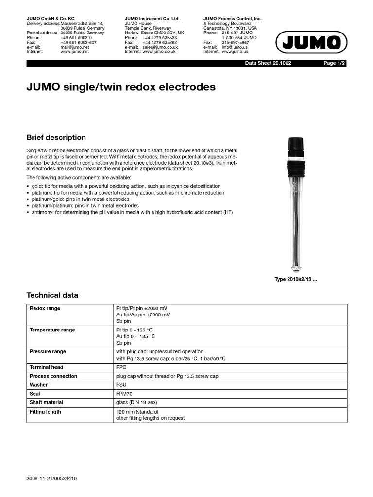JUMO Single/twin Redox Electrodes: Brief Description | PDF | Redox | Ph