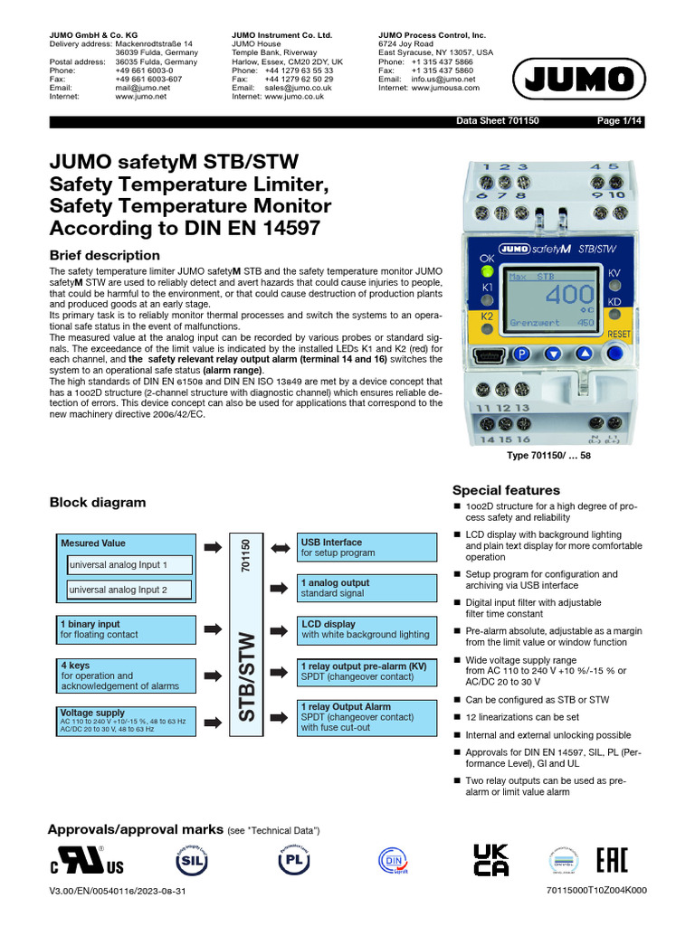 Jumo Safetym STB/STW Safety Temperature Limiter, Safety Temperature ...