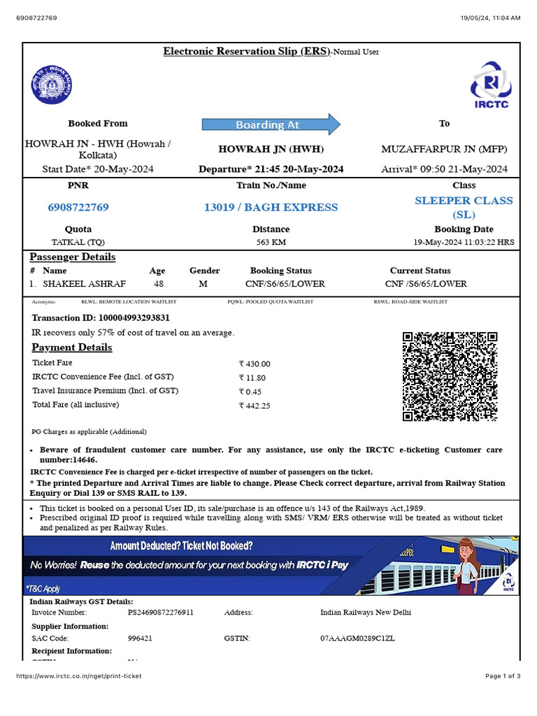Bagh Express Sleeper Class (SL) : Electronic Reservation Slip (ERS ...