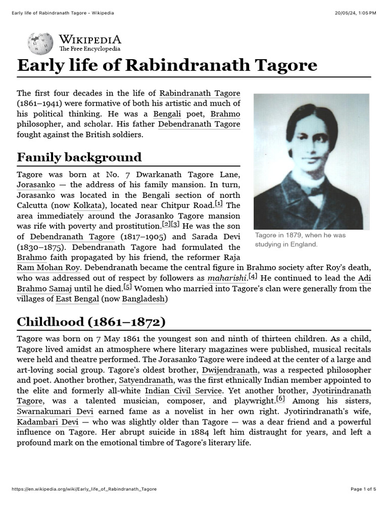 Early Life of Rabindranath Tagore - Wikipedia | PDF | Classics
