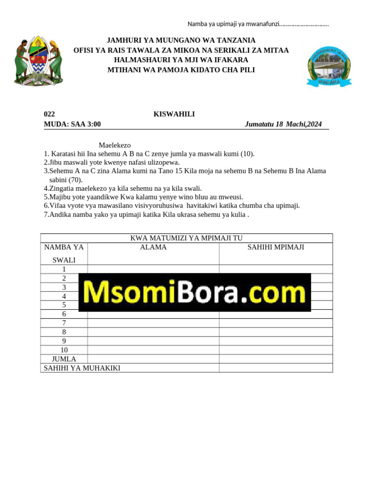 Kiswahili Form Two - 094054 | PDF