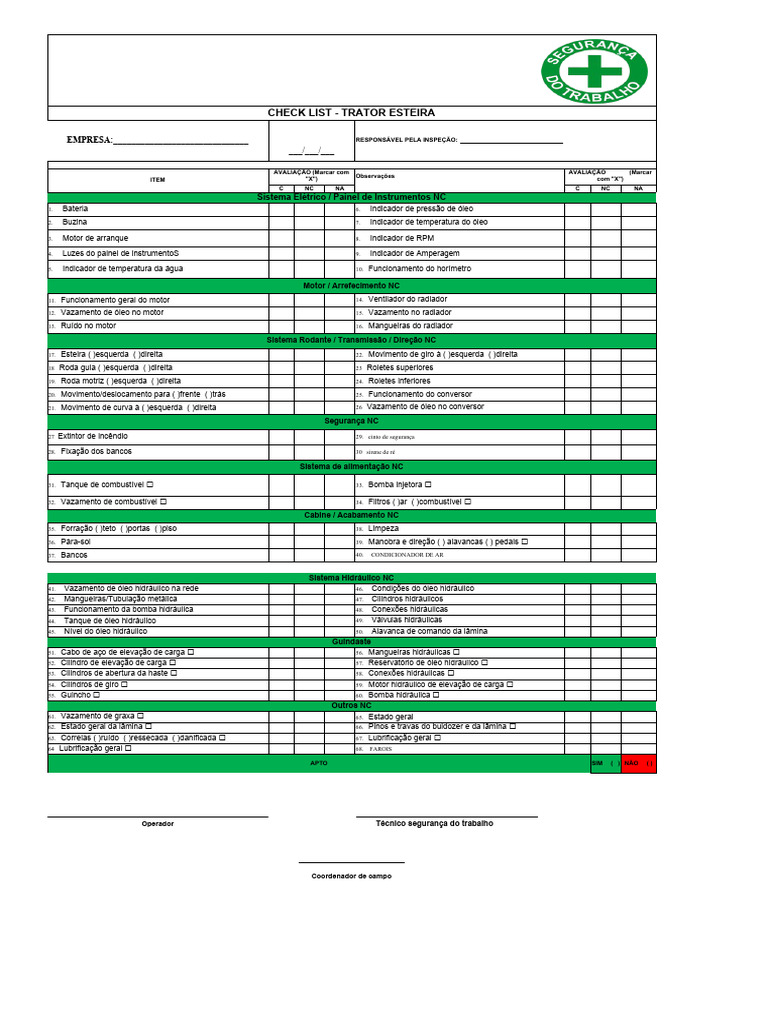 CHECK LIST TRATOR Esteira | PDF | Motores | Radiador