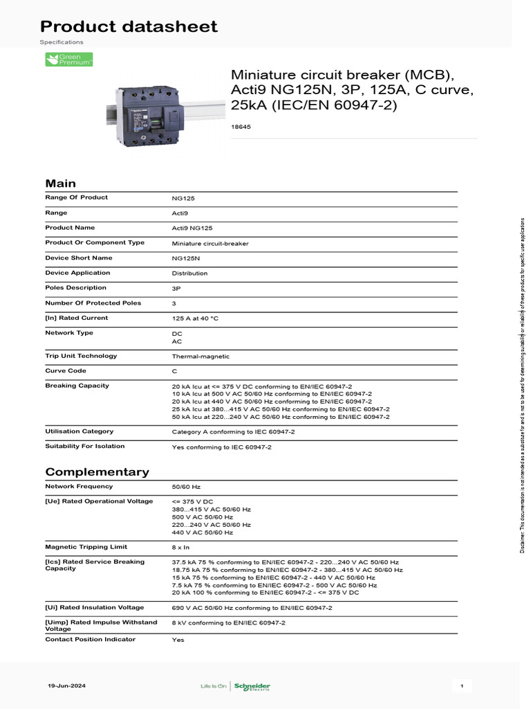 Acti9 NG125N MCB 125A 3P Specifications | PDF | Manufactured Goods ...