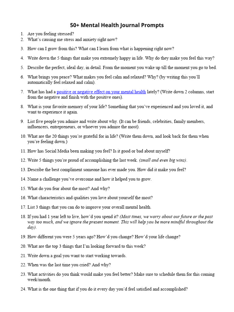 50+ Mental Health Journal Prompts | PDF | Anxiety | Feeling