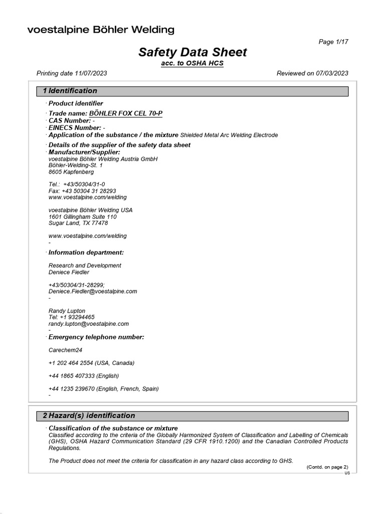 MSDS For BOHLER FOX CEL 70-P | PDF | Toxicity | Working Conditions