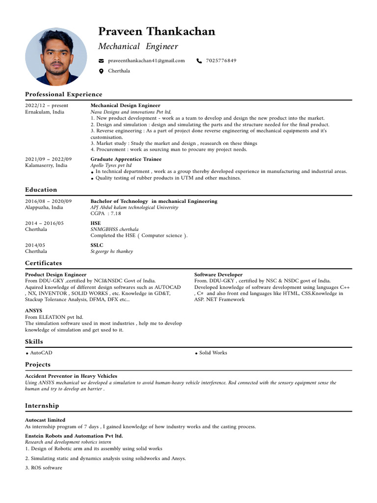 Praveen Thankachan FlowCV Resume 20240520 | PDF | Mechanical Engineering | Simulation