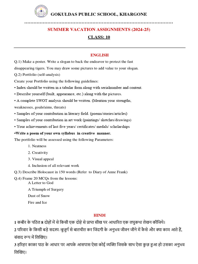 Class 10 Holiday Homework 2024-25 | PDF | Acid | Sodium Hydroxide