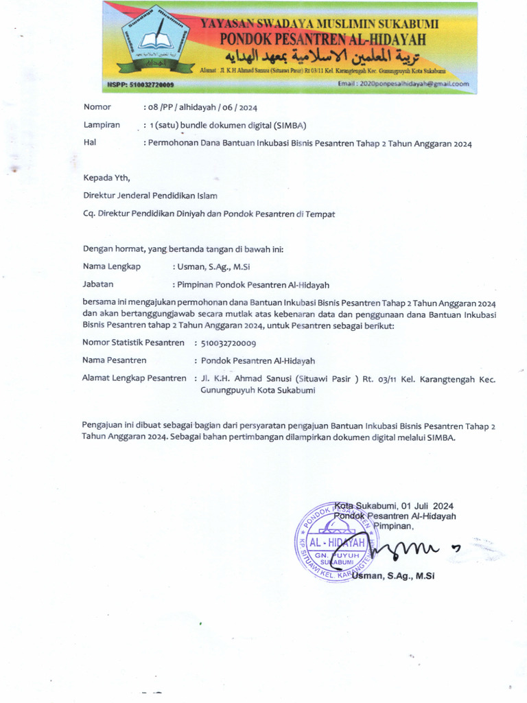 Surat Permohonan Bantuan Inkubasi Bisnis Pesantren 2024 | PDF