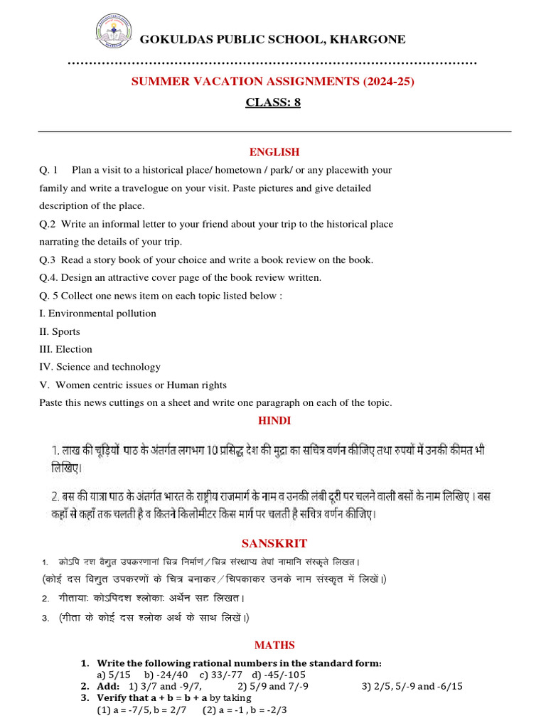 Class 8 Holiday Homework 2024-25 | PDF | Agriculture