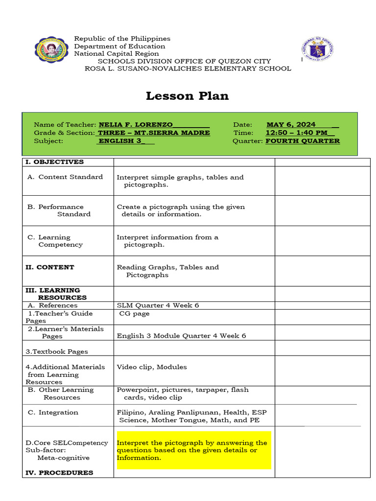 Grade 3 English Lesson Plan: Pictographs | PDF | Learning | Teachers