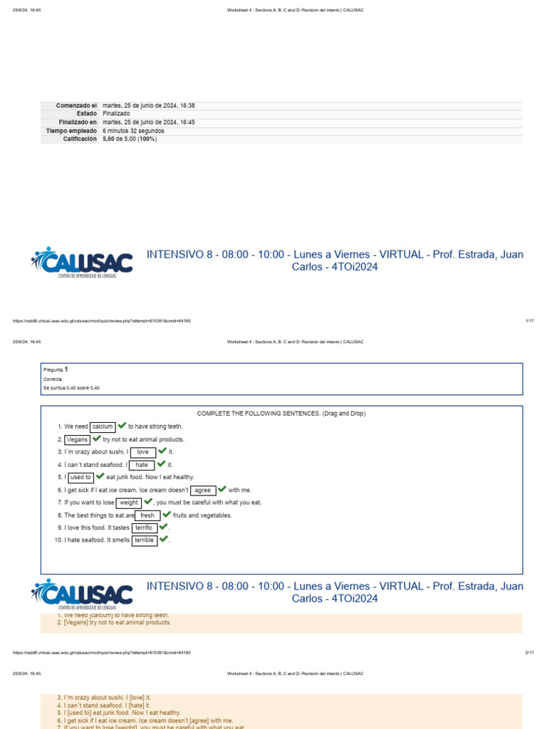 Worksheet 4 - Sections A, B, C and D_ Revisión del intento _ CALUSAC | PDF | Fat | Healthy Diet