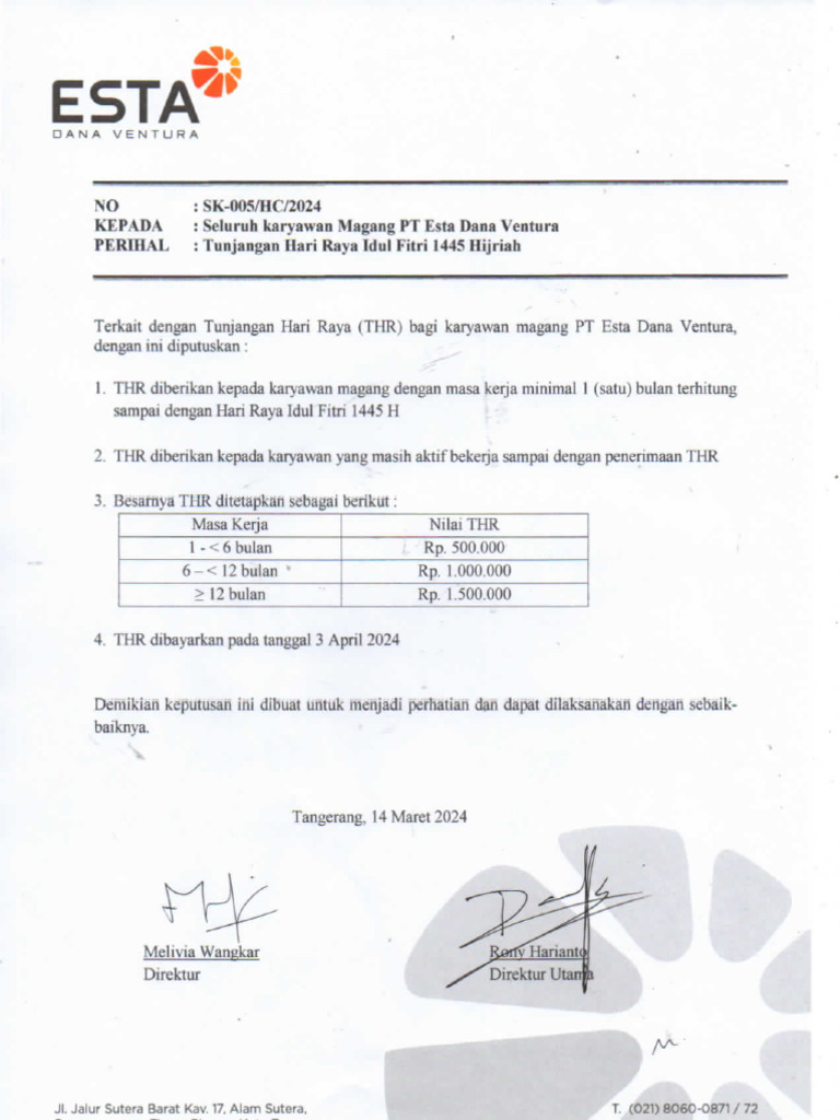 005 - SK Ketetapan THR Karyawan Magang | PDF