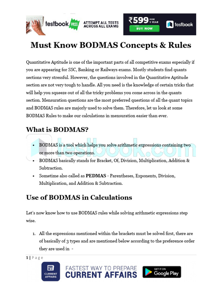 BODMAS Concepts Rules | PDF | Arithmetic | Mathematics