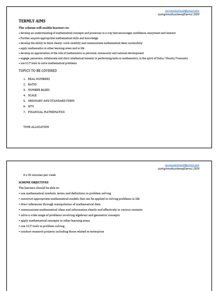 Form 1 Mathematics Term 1 Scheme | PDF | Mathematics | Learning