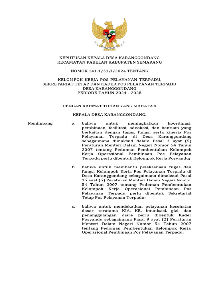 SK Nomor 6 TTG Pokja Posyandu Desa Sumberejo 2024 | PDF