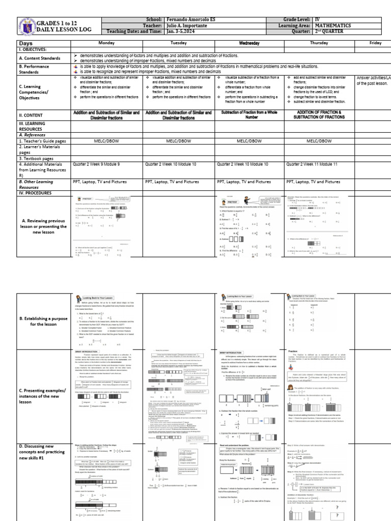 GRADES 1 To 12 Daily Lesson Log Days: Mathematics | PDF | Learning | Cognition