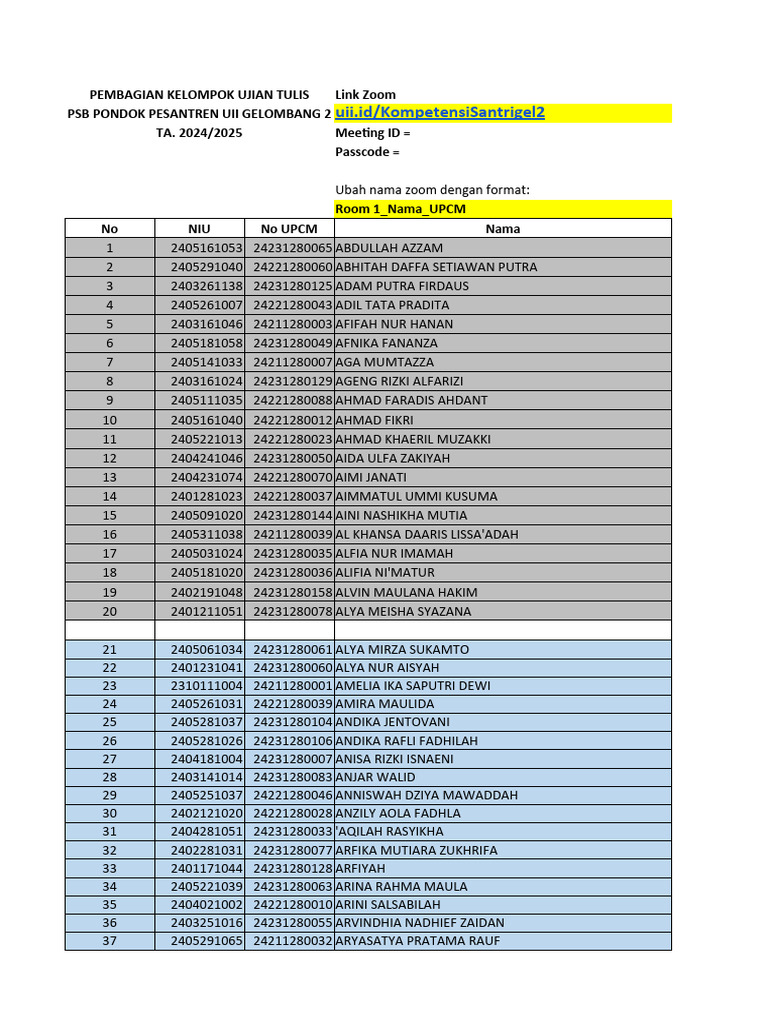 Pembagian Kelompok Ujian Tulis Gel. 2 TA. 2024 - 2025 (Untuk Peserta) | PDF